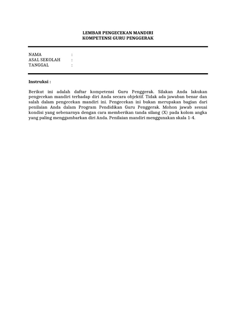 Lembar Pengecekan Mandiri Kompetensi Guru Penggerak | PDF