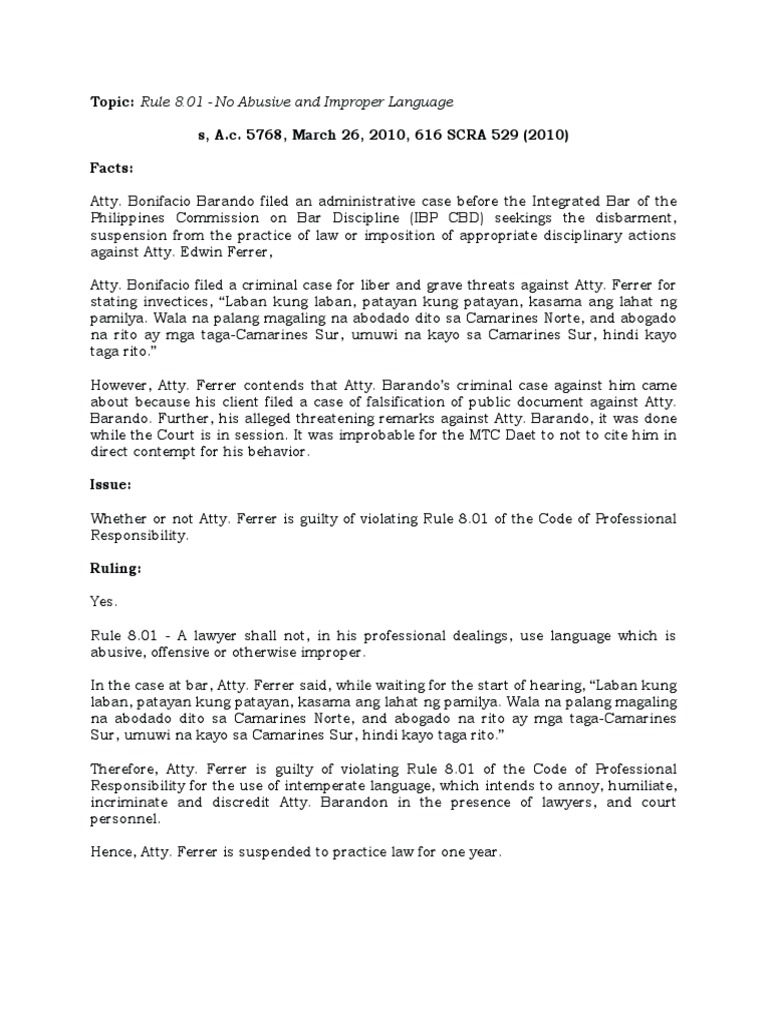 Atty. Ferrer Suspended for Abusive Language | PDF | Law