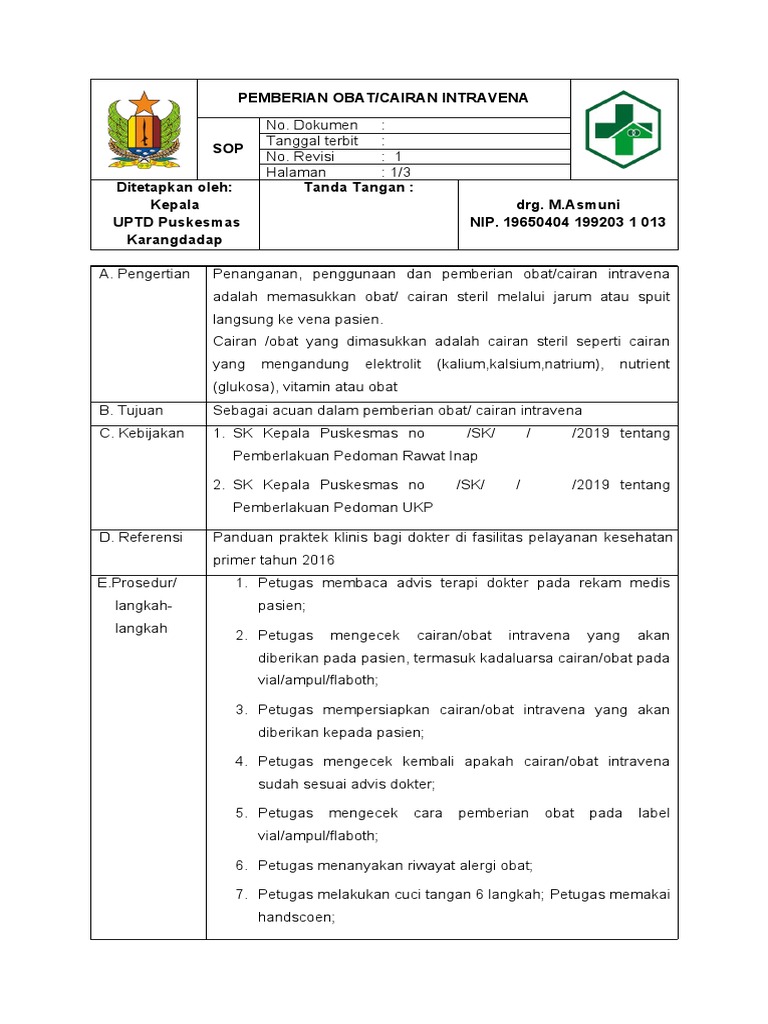 Sop Pemberian Obat Intravena 2019 | PDF