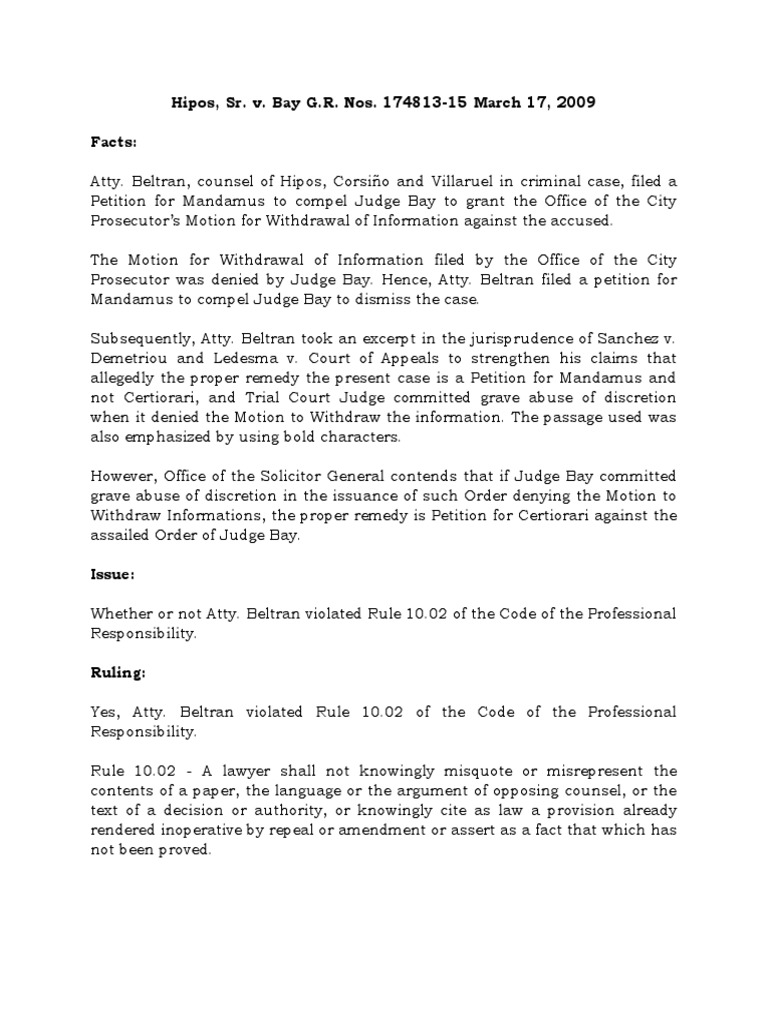 Hipos v. Judge Bay - Rule 10.02 | PDF