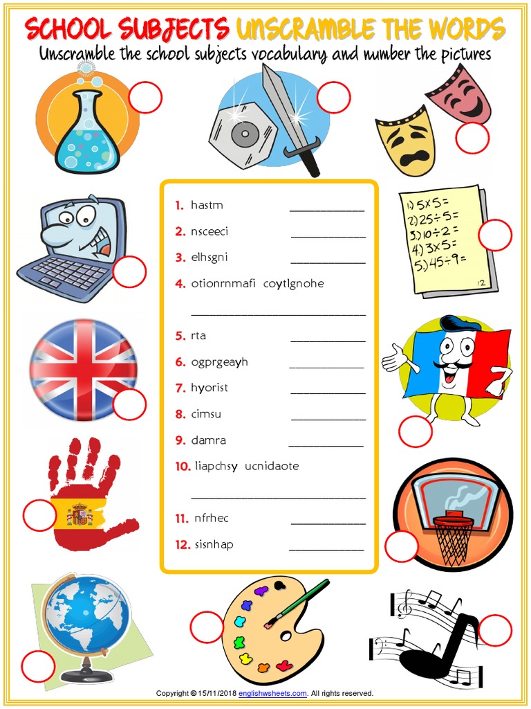 School Subjects Vocabulary Esl Unscramble The Words Worksheet For Kids ...