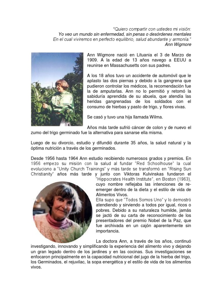 Biografía de Ann Wigmore y su legado | PDF
