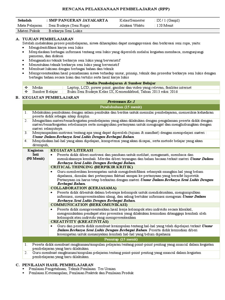 RPP SENI BUDAYA (Rupa) Kelas 9 SEM 1 | PDF