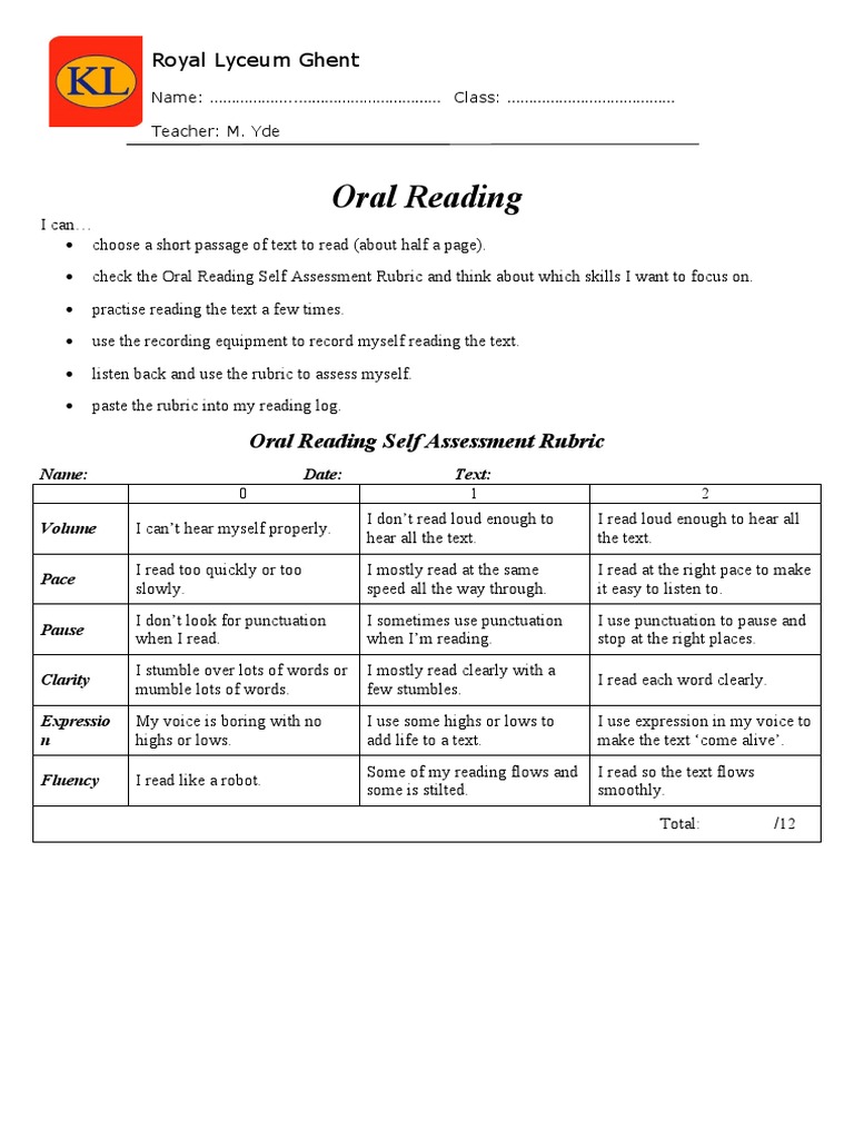 Oral Reading Self Assessment Guide | PDF | Language Arts & Discipline