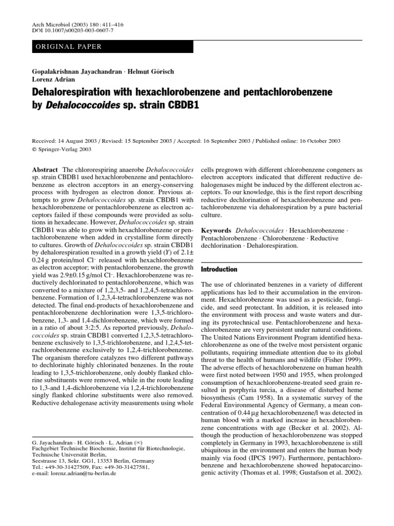 Dehalorespiration With Hexachlorobenzene and Pentachlorobenzene by ...