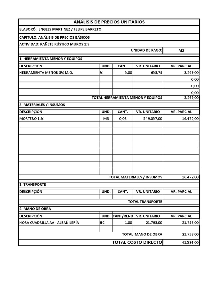 Calculo Apu - Engels Martinez - Felipe Barreto PDF | PDF