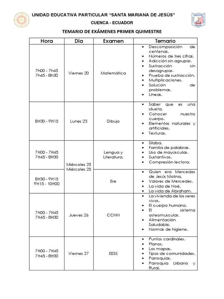 Temario de Exámenes Primer Quimestre PDF | PDF