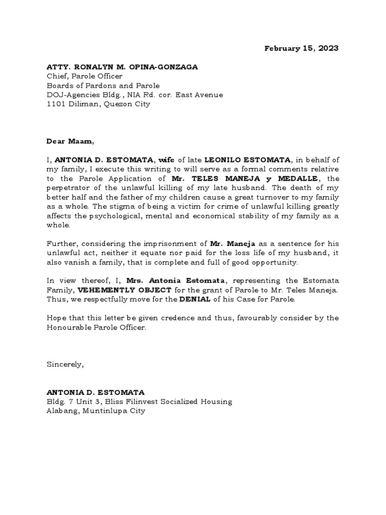 Letter To Parole Officer | PDF