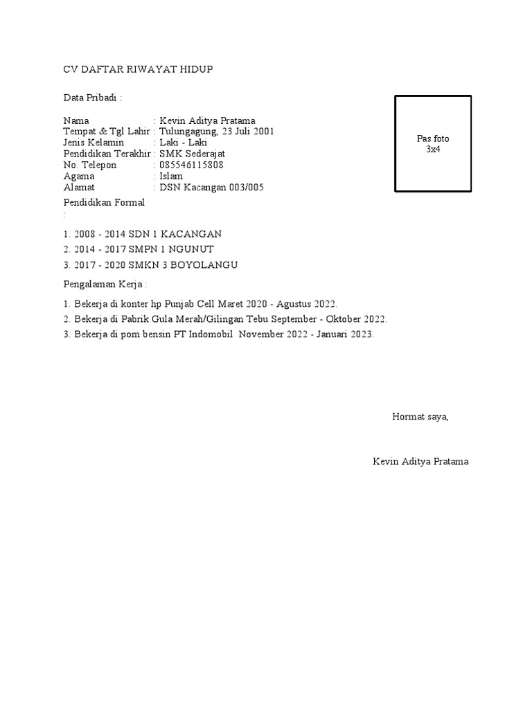 CV Kevin | PDF | Karier & Perkembangan