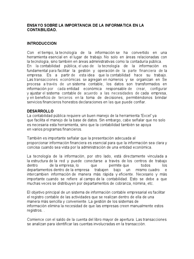 Ensayo Sobre La Importancia de La Informatica en La Contabilidad | PDF | Negocios