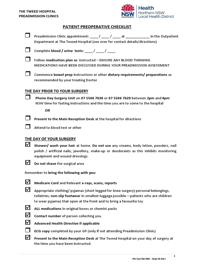 Pre Op Checklist - Aug 20 v2 PDF | PDF