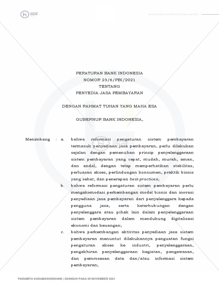 PBI 2362021 Penyedia Jasa Pembayaran PDF | PDF