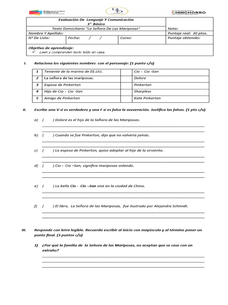 Evaluacion La Senora de Las Mariposas Lenguaje Y Comunicacion | PDF