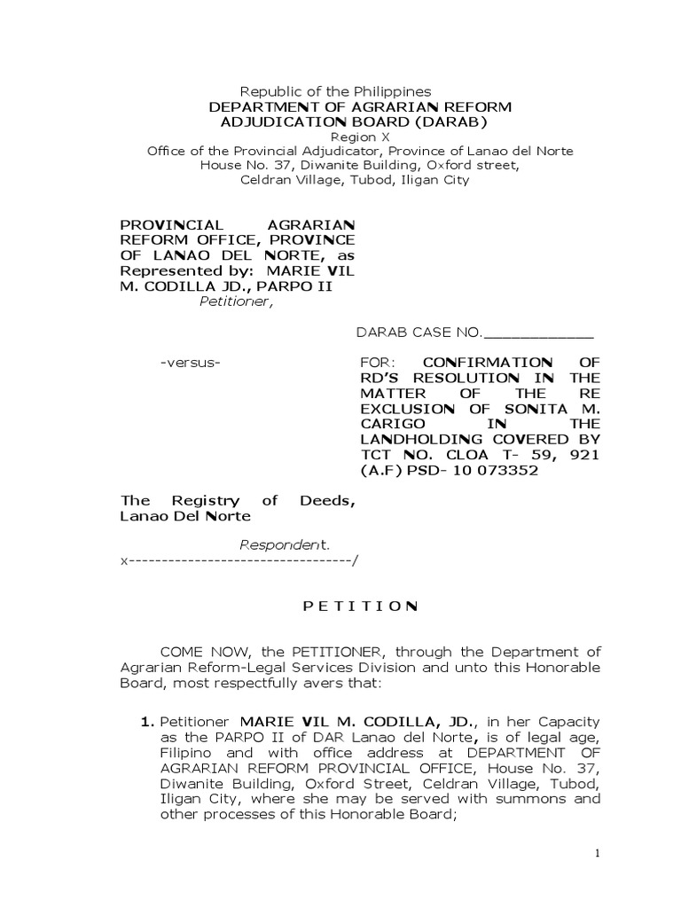 Petition for Confirmation of the Regional Director's Resolution ...