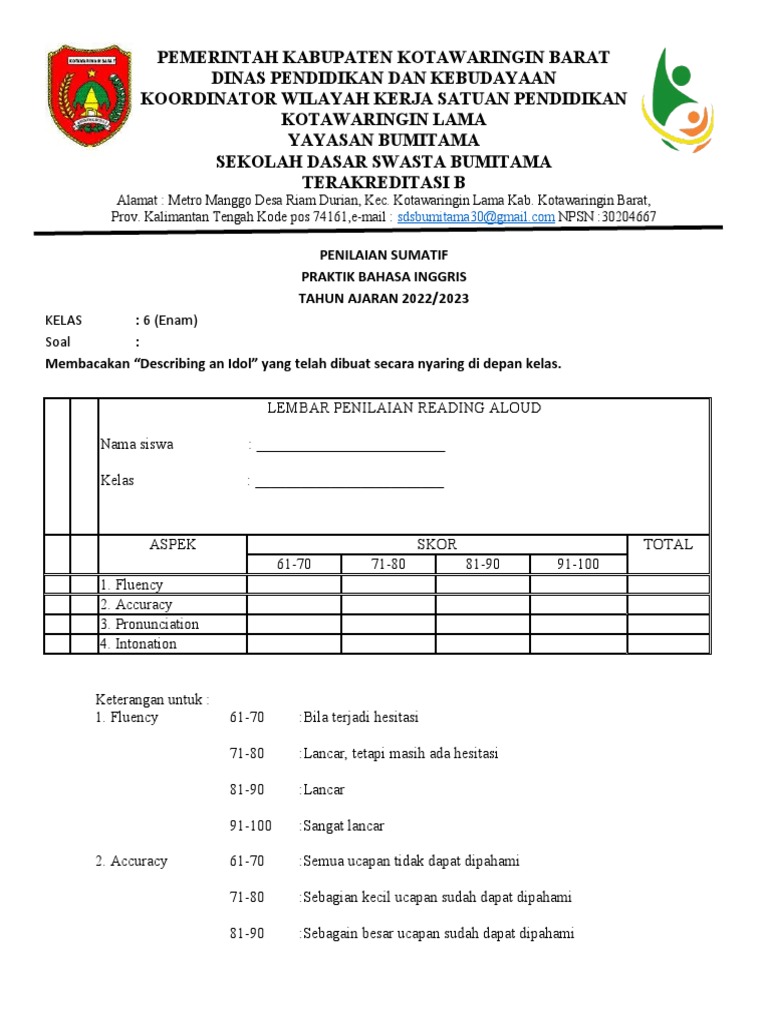 Lembar Penilaian Reading Aloud | PDF