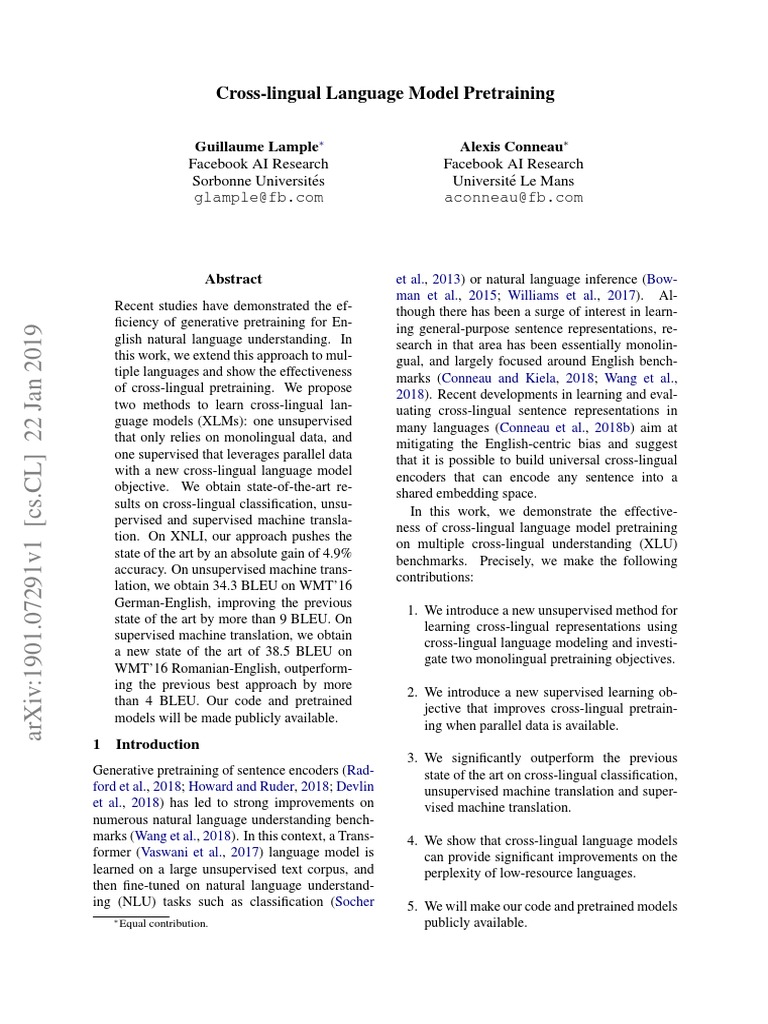 Cross-lingual Pretraining of Language Models: A New State-of-the-Art Approach to Cross-lingual ...
