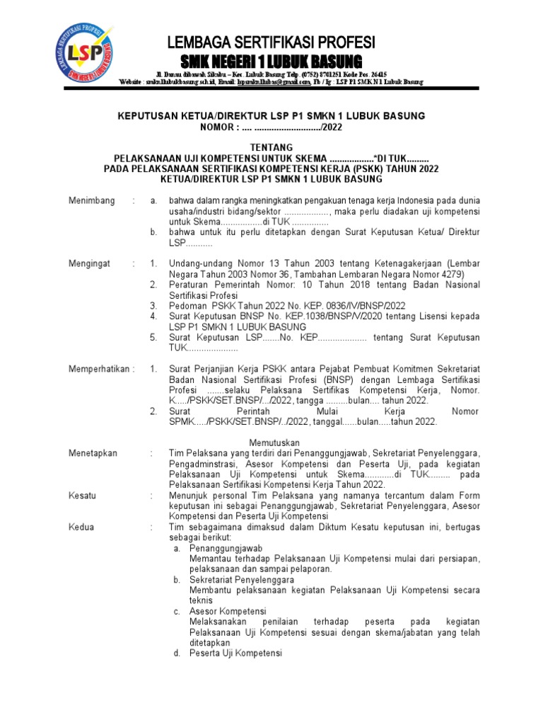 Form 11 SK PELAKSANA SERTIFIKASI KOMPETENSI KERJA DI TUK | PDF
