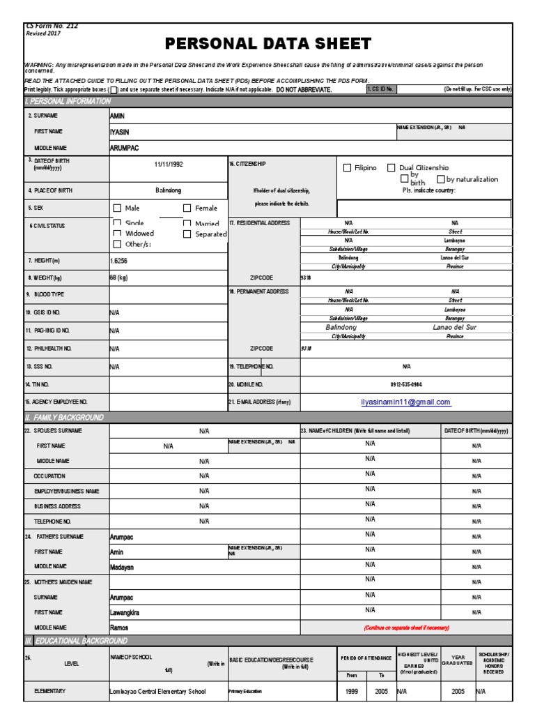 Cs Form 212 Personal Data Sheet Pdf