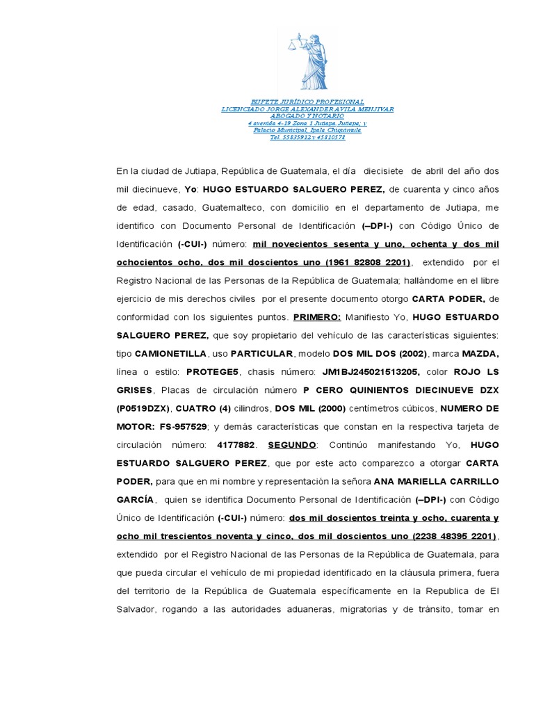 Carta Poder Vehiculo Pdf