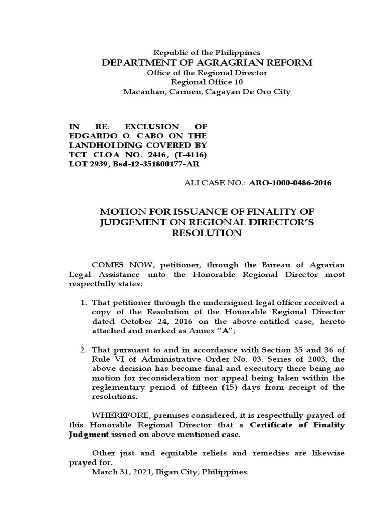 Motion For Issuance of Finality of Judgement On RD'S Resolution | PDF ...