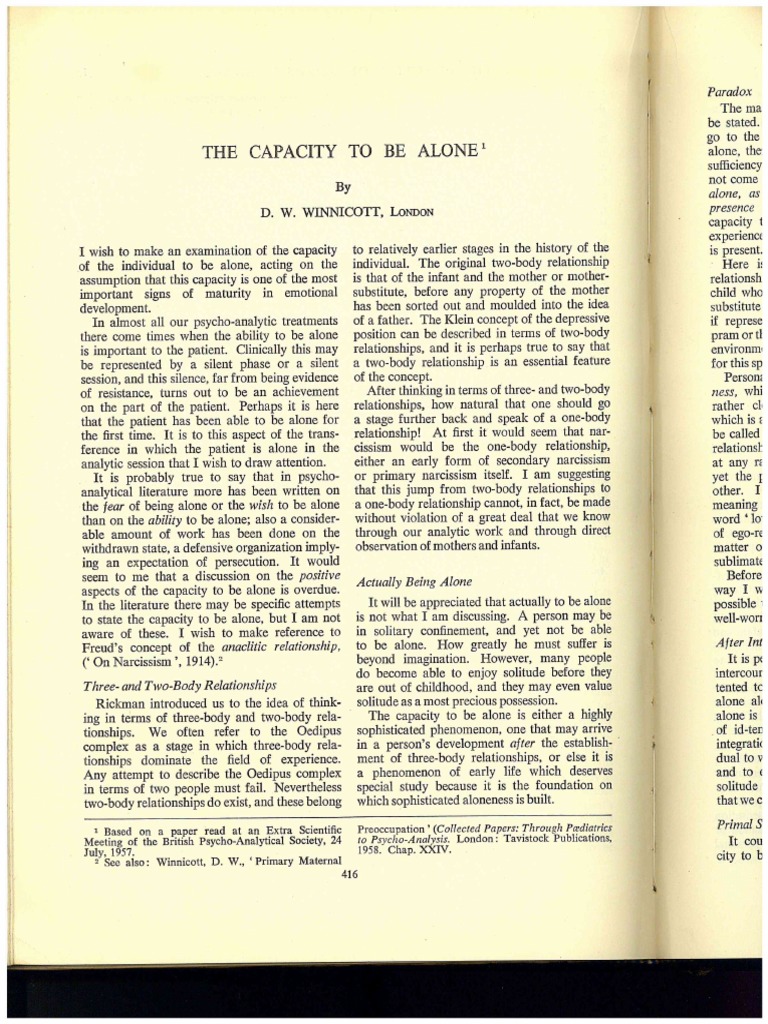 14-2. Winnicott (1957) - The Capacity To Be Alone | PDF 14-2. Winnicott (1957) - The Capacity To Be Alone | PDF