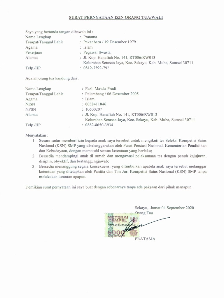 Surat Pernyataan Ortu - KSN 2020 - | PDF