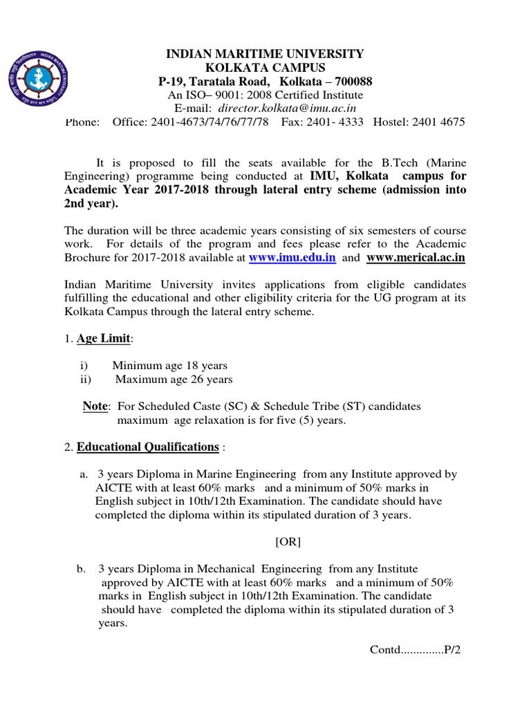 IMU Kolkata - Lateral Entry - BTech (ME) - Instructions | PDF