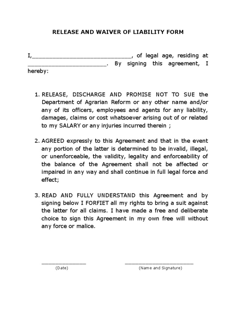 Release and Waiver of Liability Form: (Date) (Name and Signature) | PDF