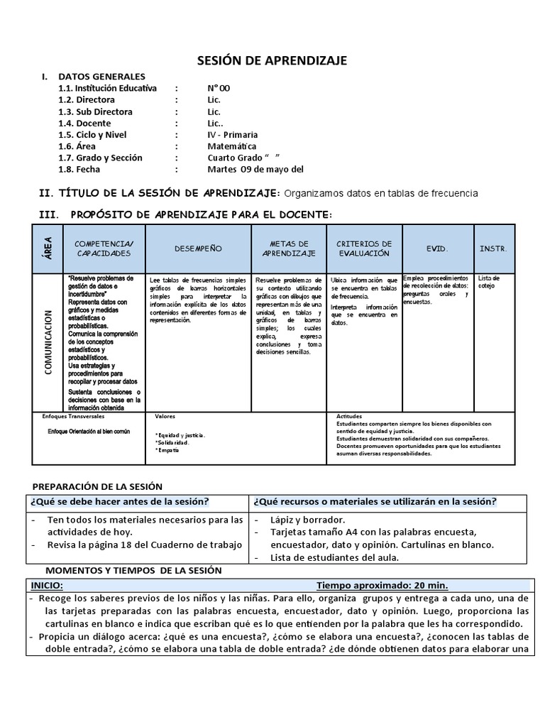 Sesion Organizamos Datos en Tablas de Frecuencia 4to Grado | PDF