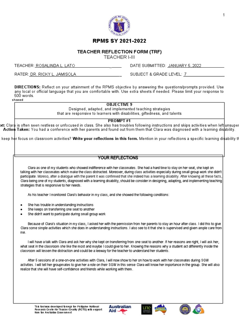 Appendix 4A Teacher Reflection Form For T I III For RPMS SY 2021 2022 ...