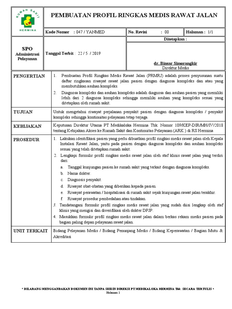 Pembuatan Profil Ringkas Medis RJ (Rev.00,19) | PDF