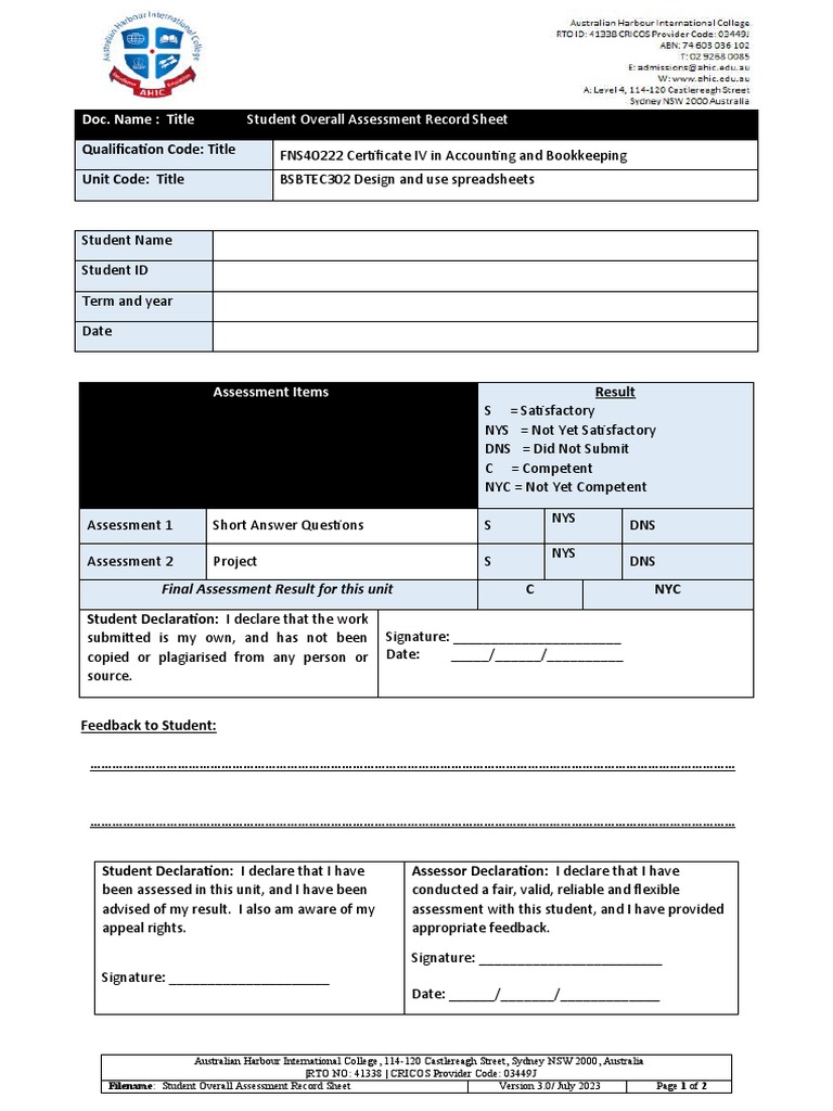 Student Assessment Record Sheet | PDF