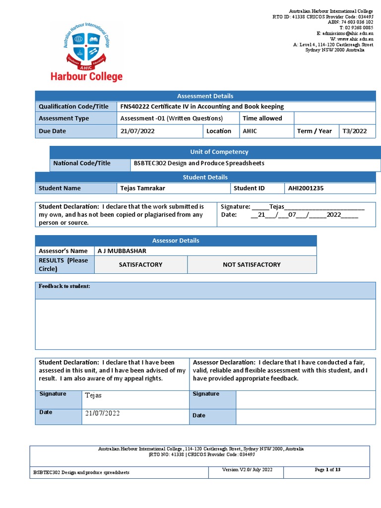 Tejas - BSBTEC302 Student Assessment 2 | PDF | Plagiarism | Spreadsheet