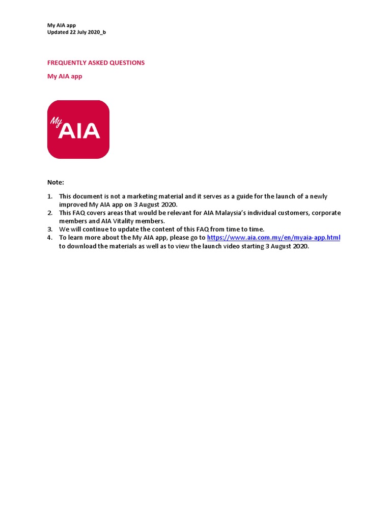 My AIA App FAQ 22 July Final B PDF | PDF