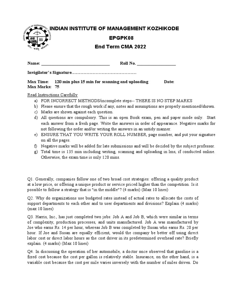 CMA-End Term Exam Question Paper PDF | PDF