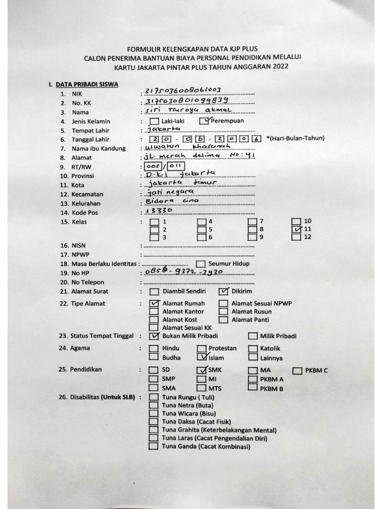 Formulir Kelengkapan Data KJP Plus PDF | PDF