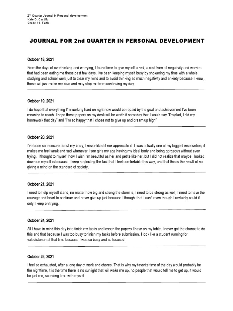 JOURNAL FOR 2nd QUARTER IN PERSONAL DEVELOPMENT.docx | PDF | Thought ...
