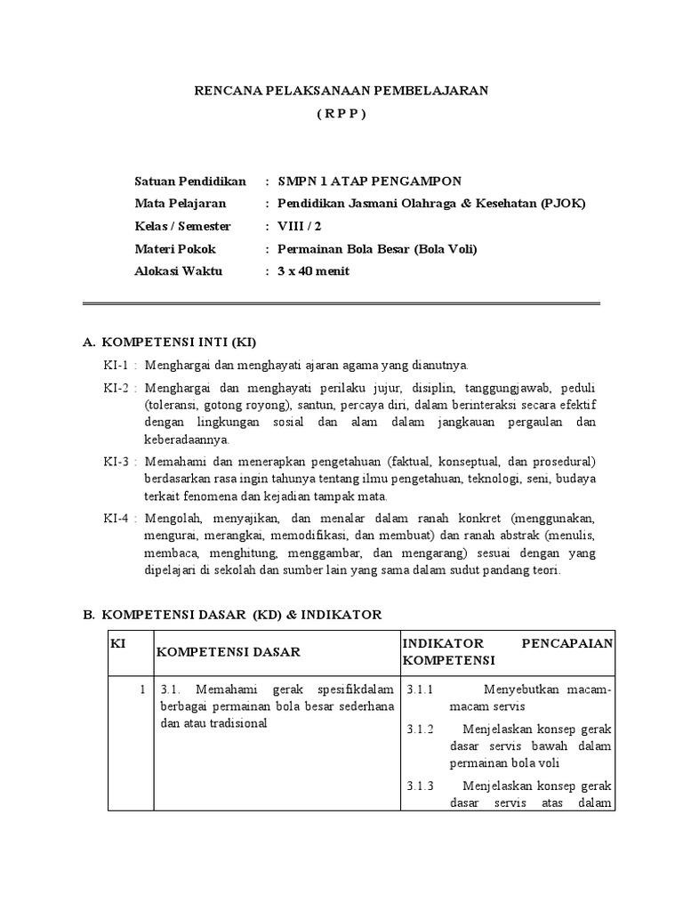 RPP Pjok Kelas 8 Bola Voli | PDF