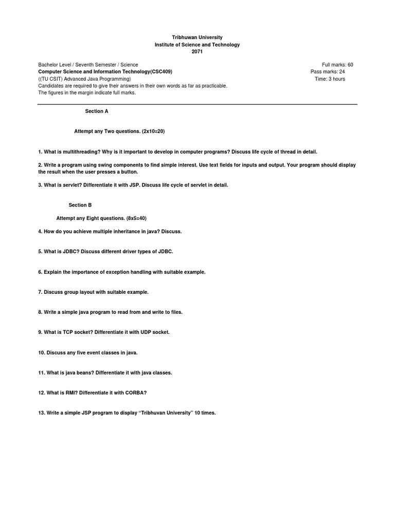 Advanced Java Programming Exam Guide | PDF | Computers | Technology & Engineering