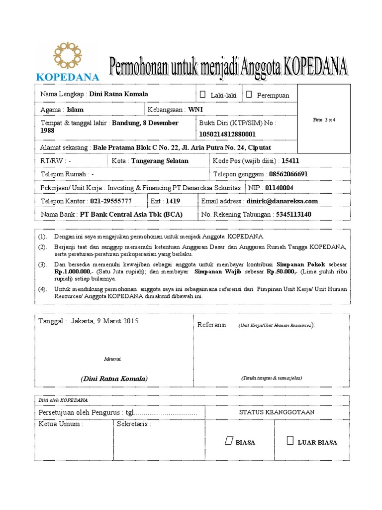 Permohonan Anggota KOPEDANA Dini Ratna | PDF