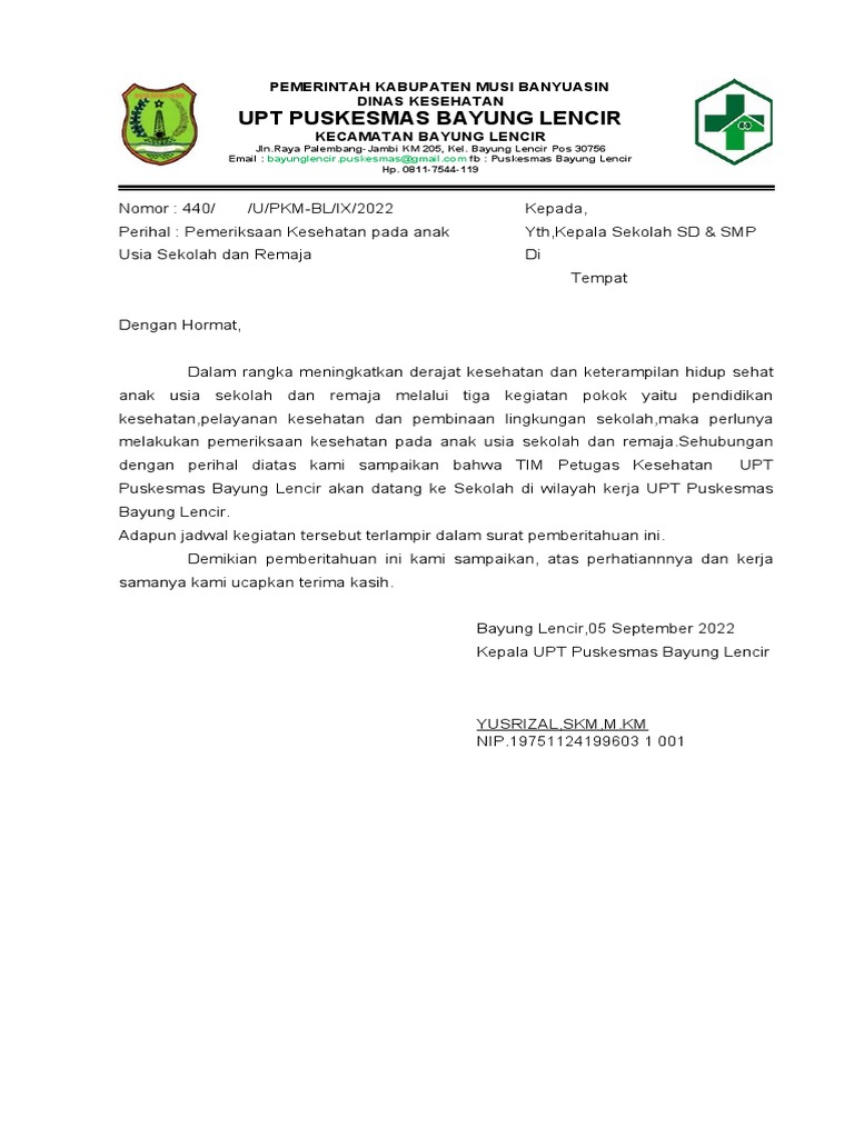Surat Undangan Pemeriksaan Kesehatan Anak Usia Sekolah Dan Remaja Bulan ...