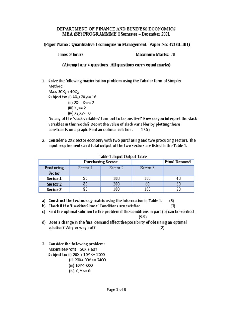 MBA Quantitative Techniques Exam | PDF