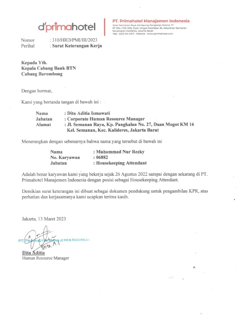 SK Karyawan Hotel Prima - M. Nur Rezky | PDF