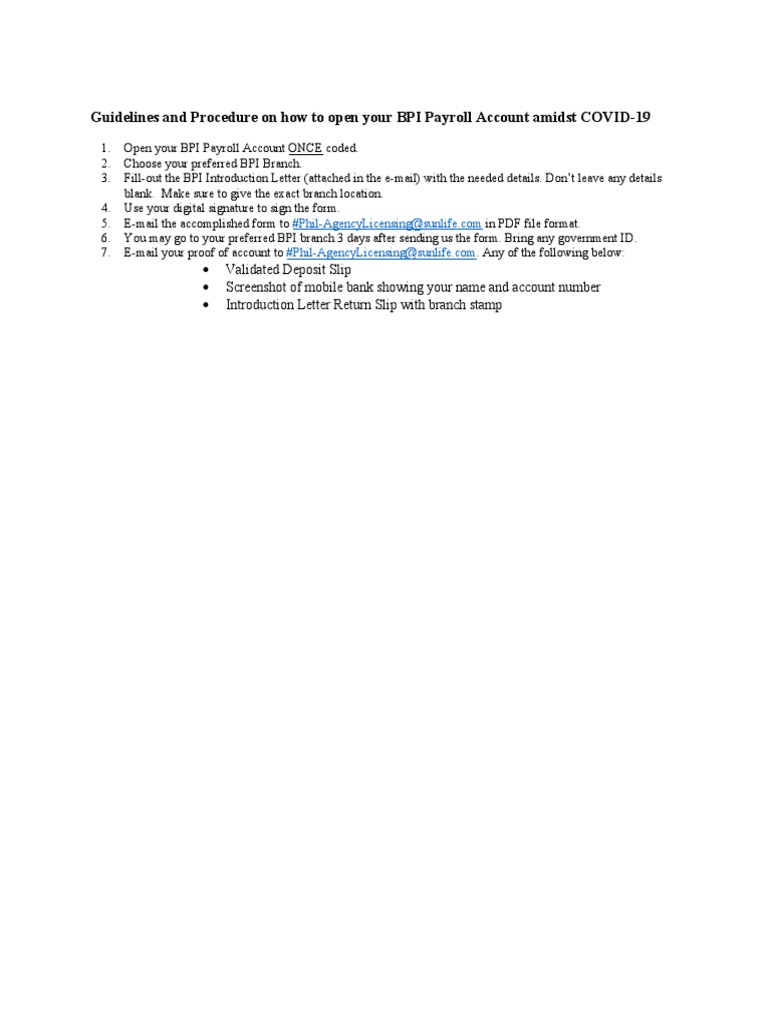 Guidelines and Procedure On How To Open Your BPI Payroll Account Amidst COVID | PDF