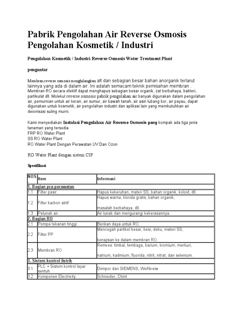 Pabrik Pengolahan Air Reverse Osmosis Pengolahan Kosmetik | PDF | Sains & Matematika | Teknologi ...