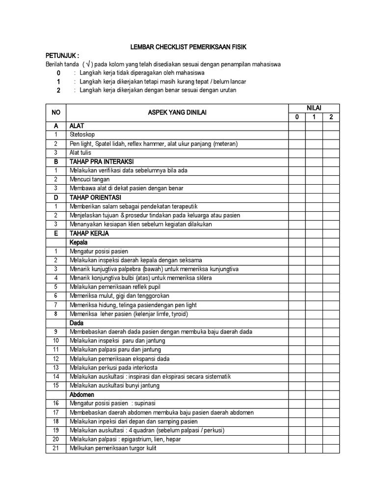 Lembar Checklist Pemeriksaan Fisik | PDF