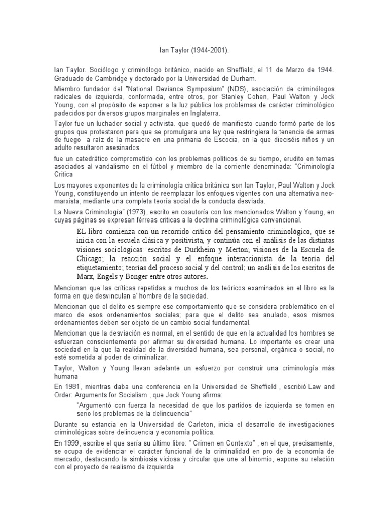 Ian Taylor: Criminología Crítica y Activismo | PDF | Política ...