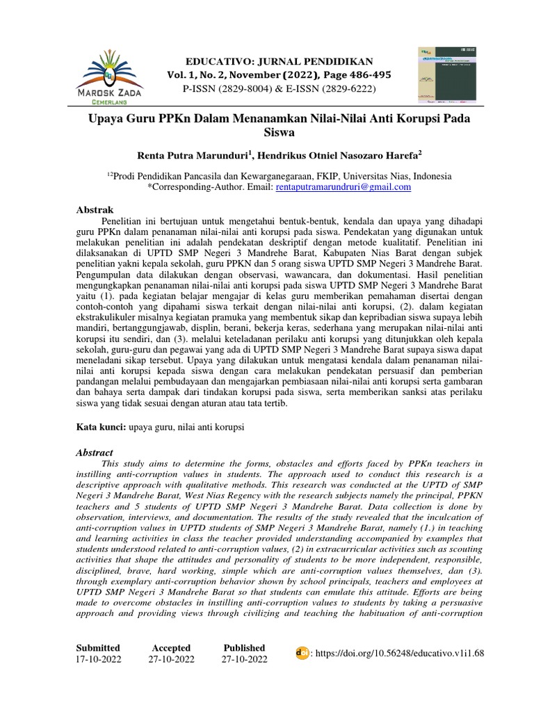 Upaya Guru PPKN Dalam Menanamkan Nilai-Nilai Anti Korupsi Pada Siswa ...