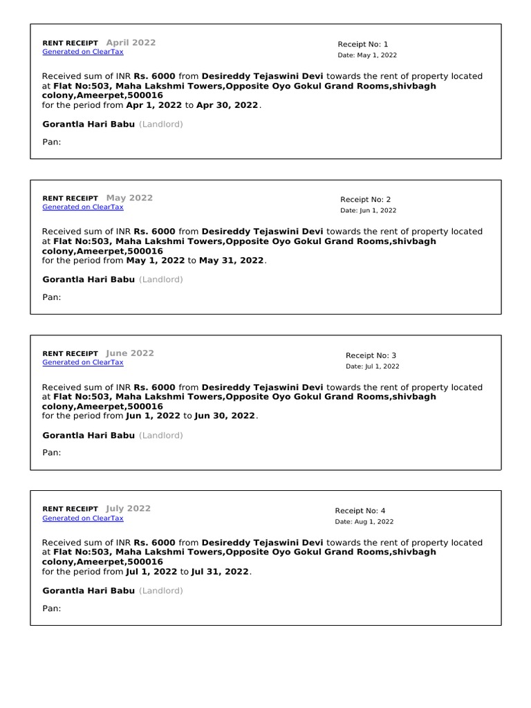 Rent Receipts 2022-2023 Ameerpet | PDF