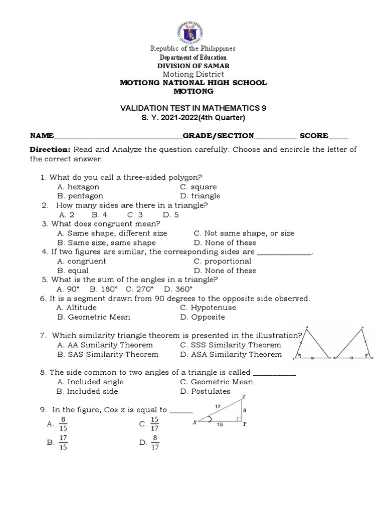 Validation Test Q4 Math 9 | PDF